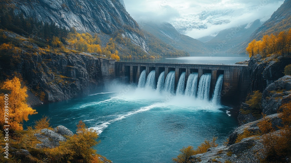 Aerial View of an Old Dam with Water Flowing Over the Wall into a Large ...