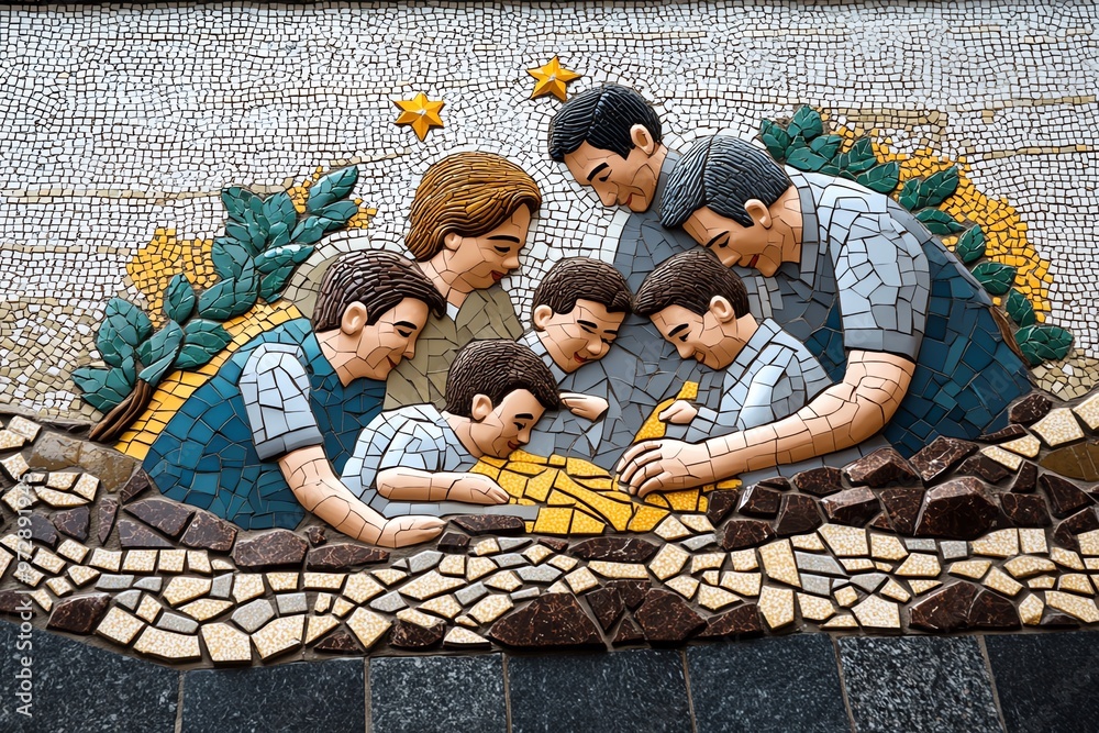 A mosaic of a Soviet family, with parents and children working and ...
