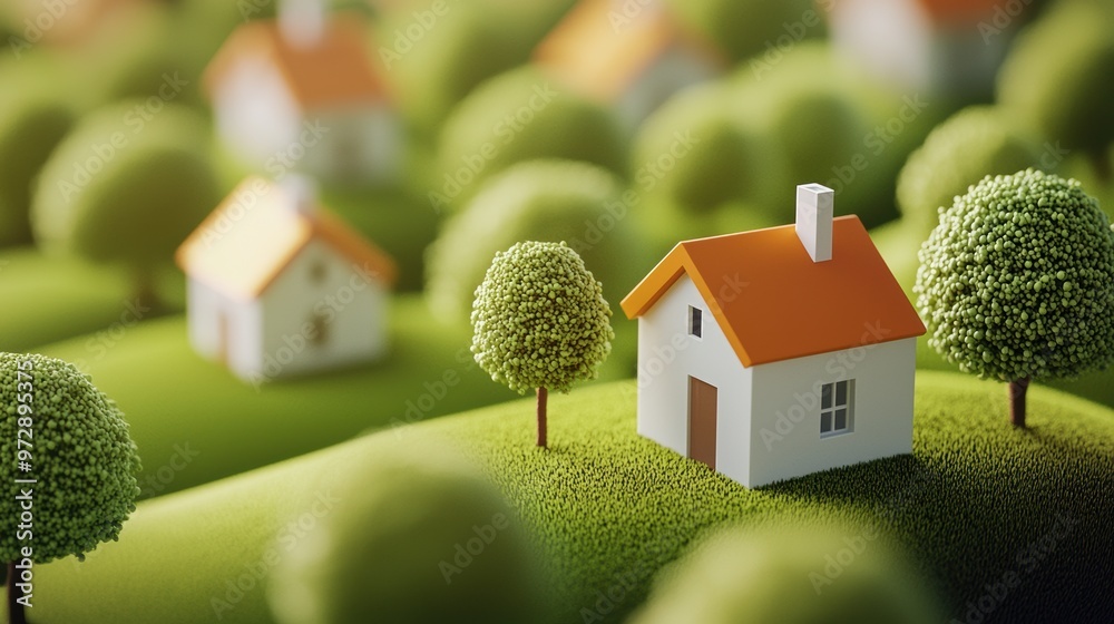 Miniature house on green landscape with trees Small model of a house ...