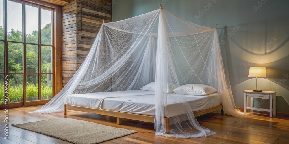 Bed covered with mosquito net for protection against mosquito bites ...