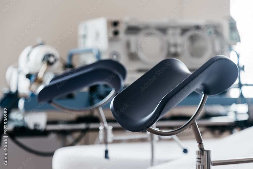 Modern delivery room prepared for natural childbirth. Features a clean ...