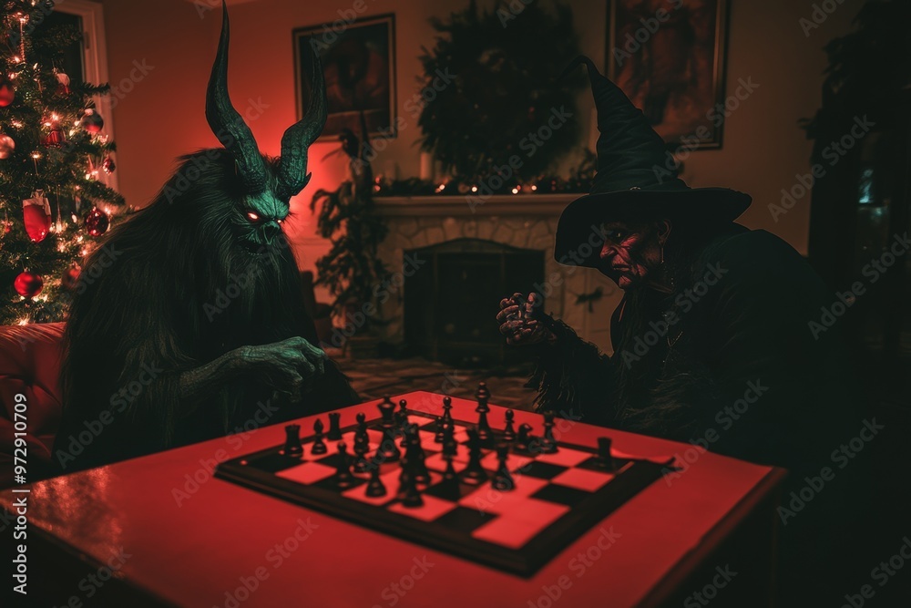 An angry man in a spooky costume throws a chess piece at a witch who is ...