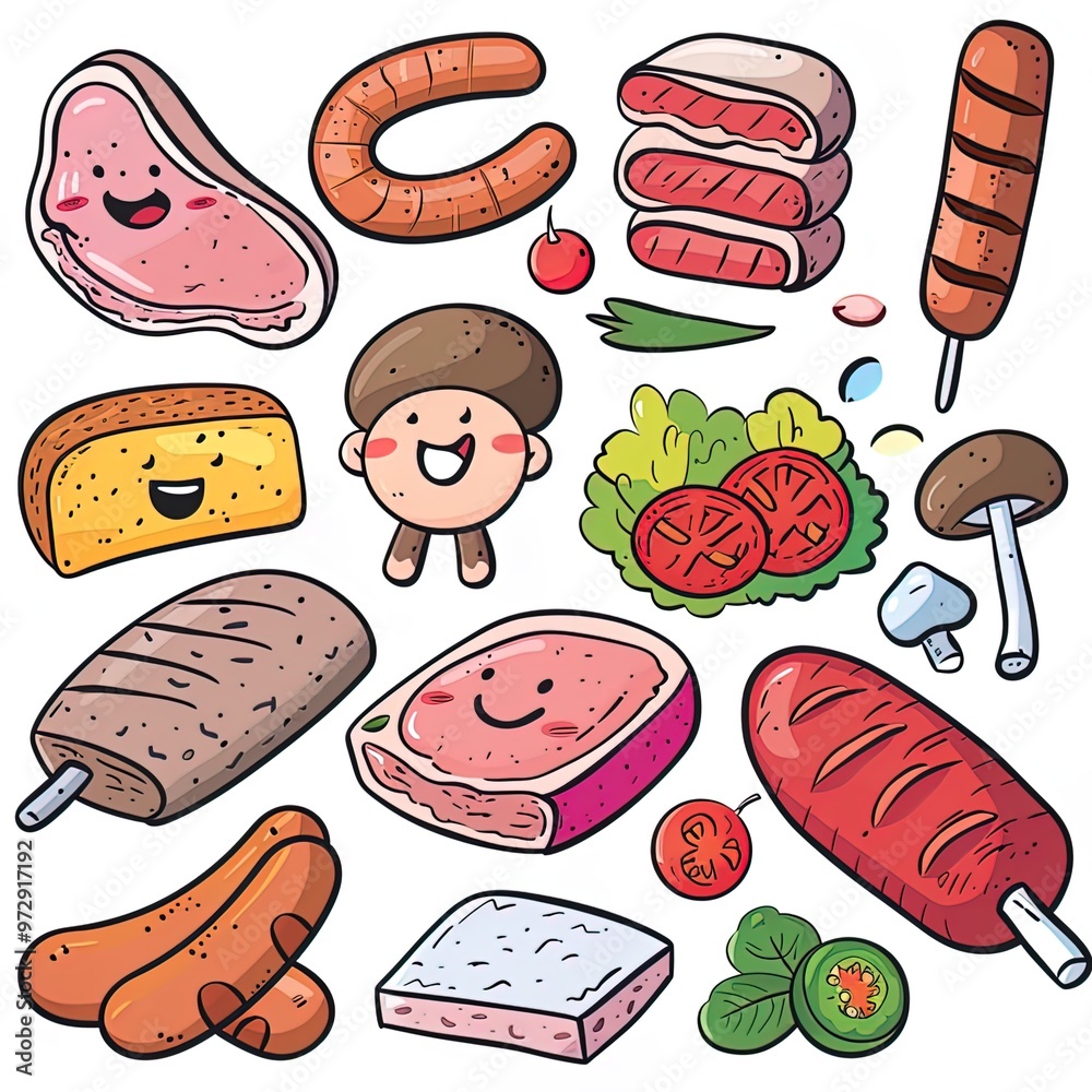 2D Cartoon-style, Assorted meats (like steak, sausages, drumsticks) in ...