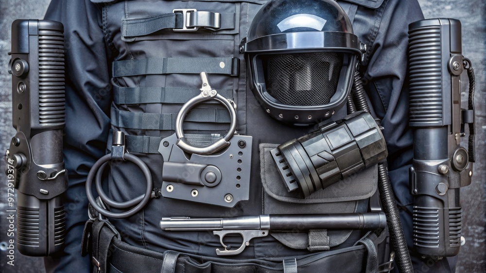 Riot police officer's security kit with handcuffs, handgun, radio, and ...