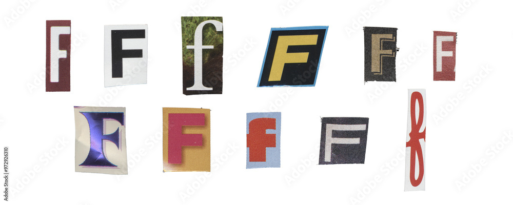 Set of isolated cut-out letter “F” from magazines on a transparent ...