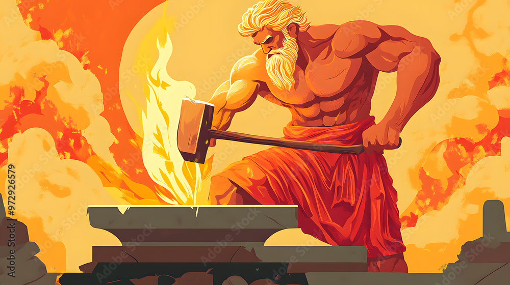 Greek god flat illustration, Hephaestus, the god of fire, metalworking ...