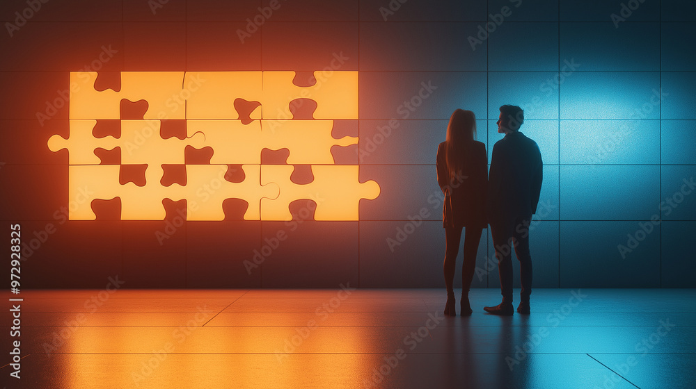 A mentor and mentee looking at a large puzzle where pieces are missing ...