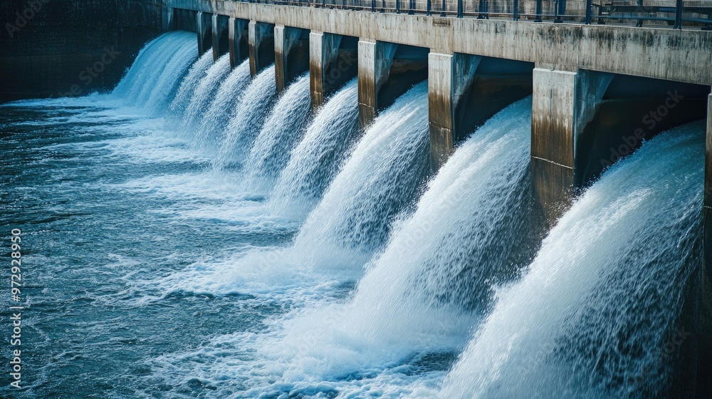 A close-up of the spillway of a dam with water cascading over it ...