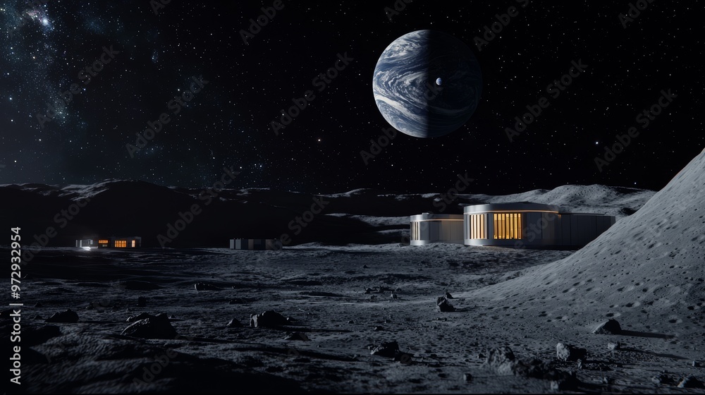 Modern lunar research facility with illuminated buildings, expansive ...