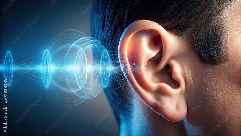Human ear with sound waves technology for hearing test and treatment ...
