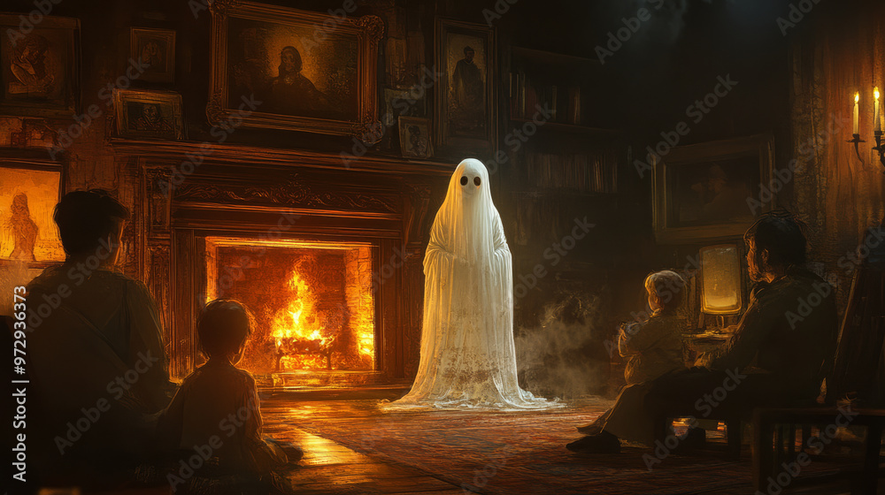 Friendly ghost peacefully watching over a family as they gather around ...