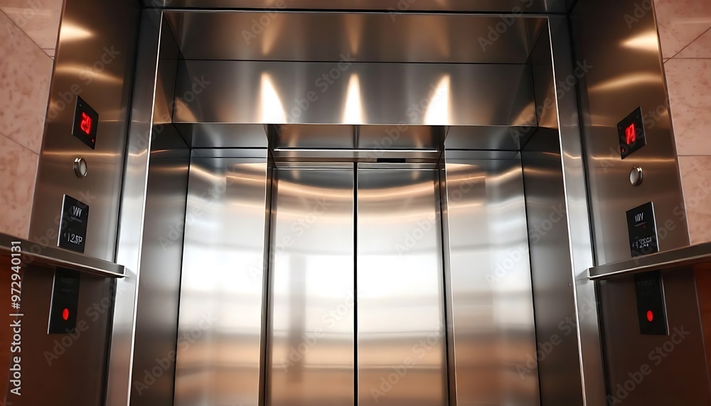 Shiny silver metal elevator door in corporate business, lobby interior ...