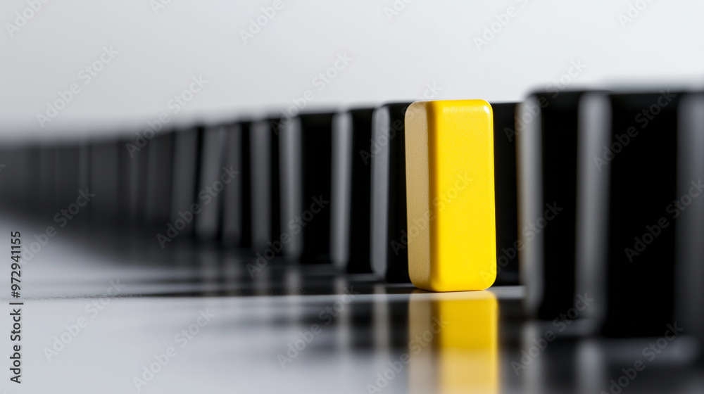 One yellow domino in a row of black dominoes, stopping the chain ...