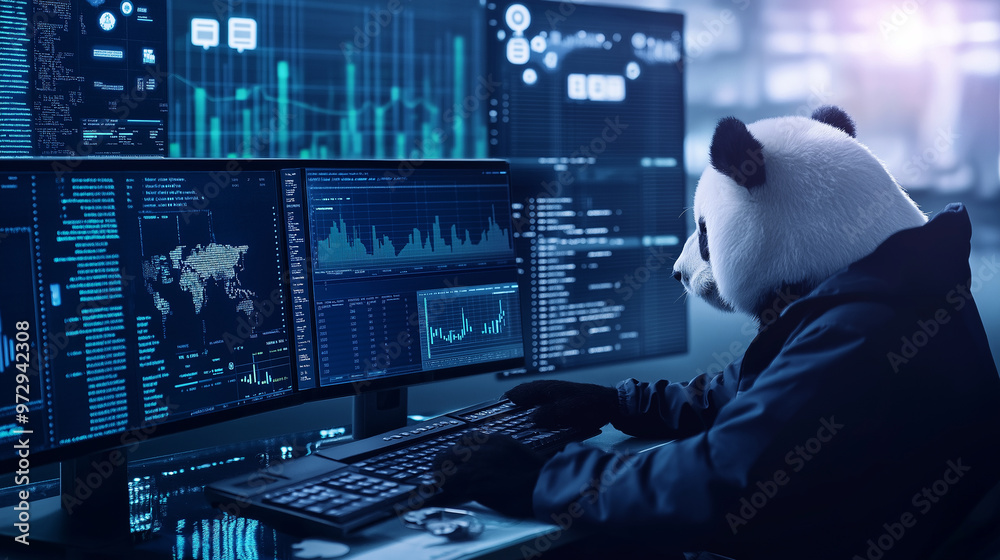 A panda typing furiously on a keyboard as multiple screens with real ...