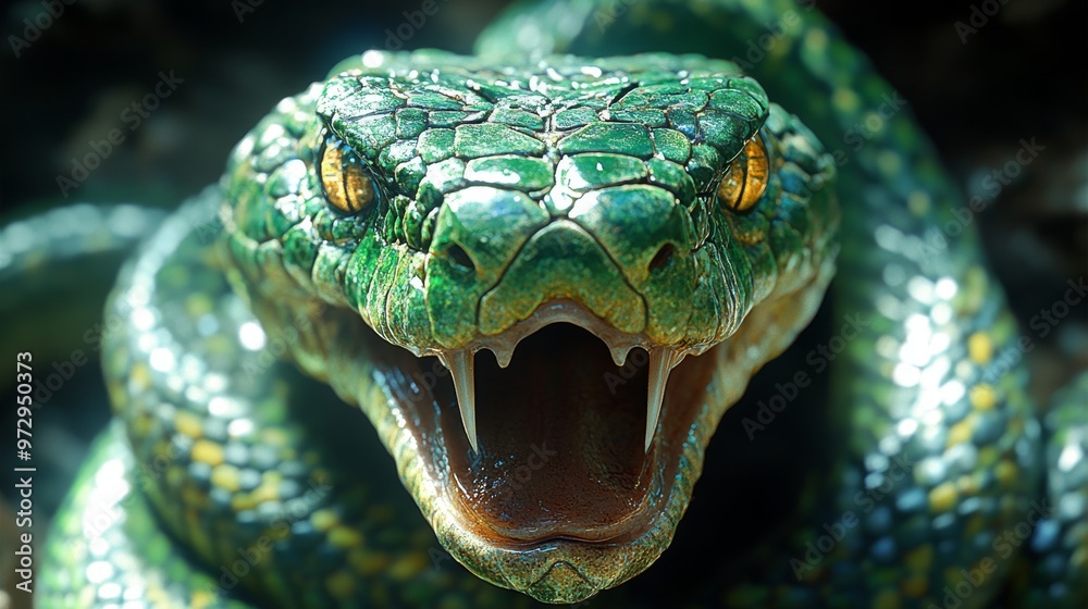 Close-up image shows a green, yellow, and black snake with its mouth ...