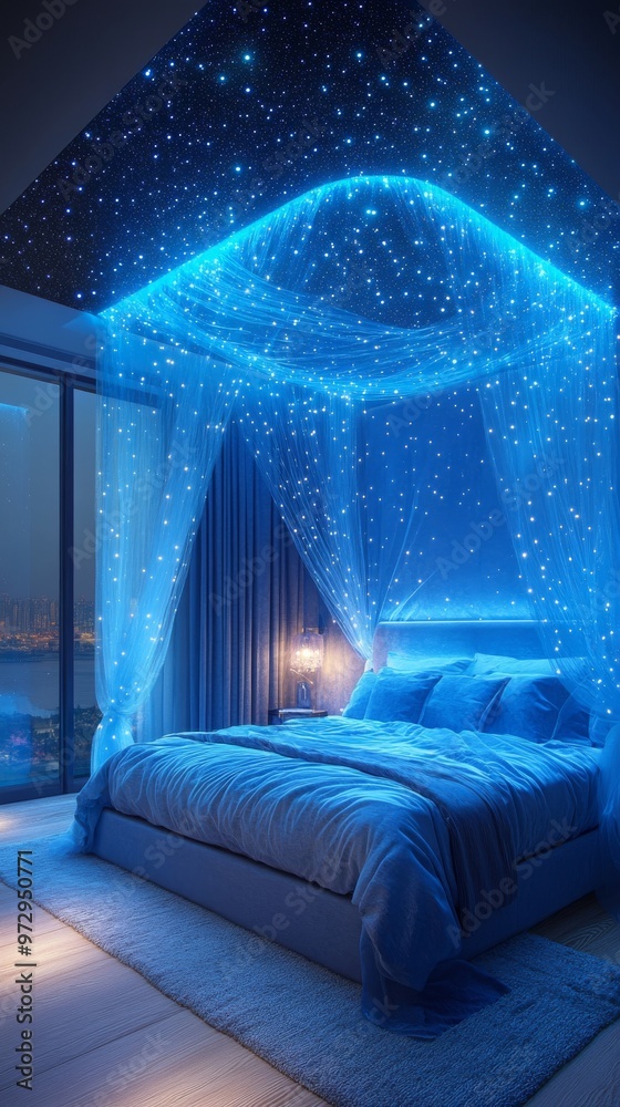 Cozy, starry-themed bedroom with blue lighting, canopy bed, star ...