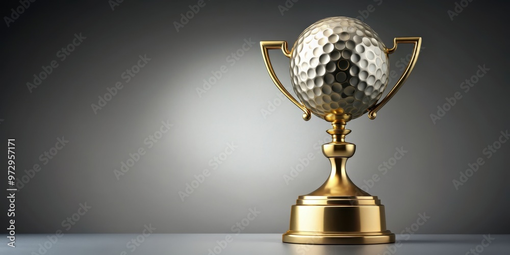Golden trophy with golf ball on pedestal, prize, achievement, sport ...