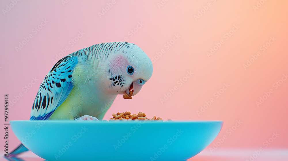 A budgerigar eating from its food dish, captured from a high-angle view ...