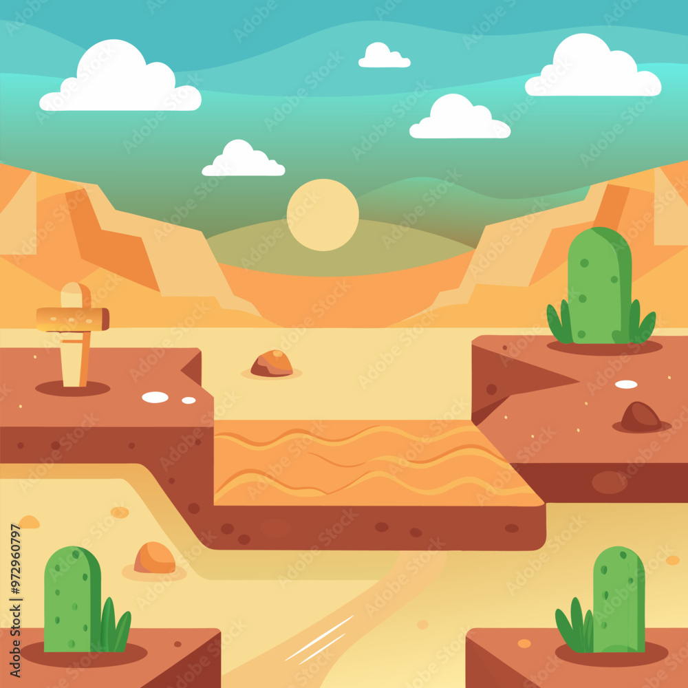 Desert mobile ui game level map with road cartoon background. Sand ...