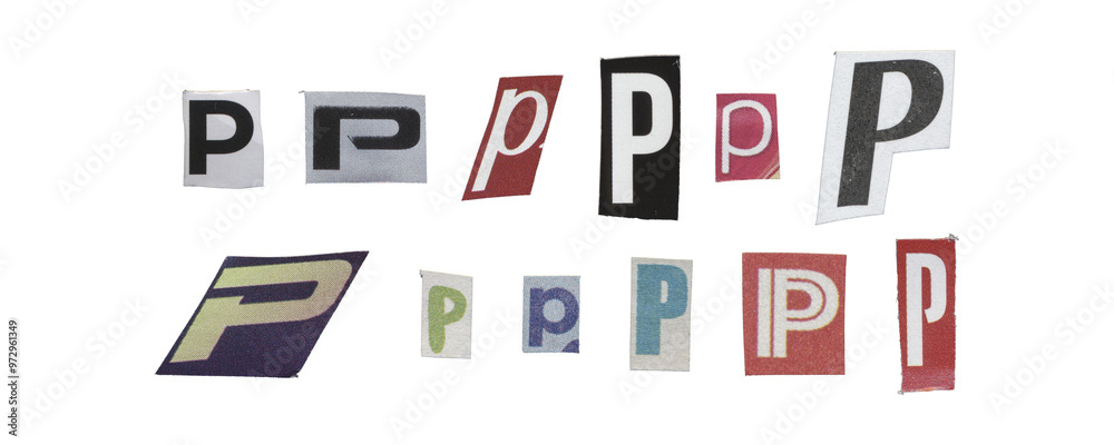 Set of isolated cut-out letter “P” from magazines on a transparent ...