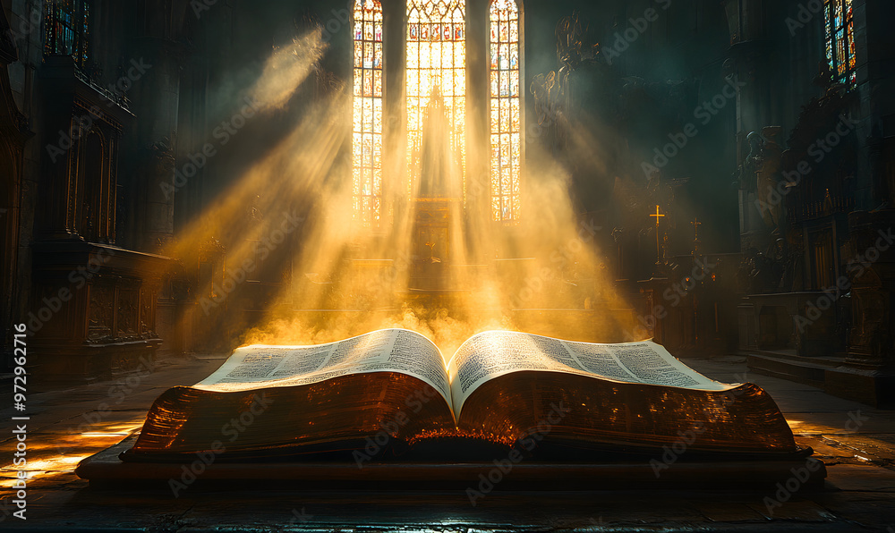 “Open Bible on Altar: Religious Symbolism in Front of a Pulpit in a ...
