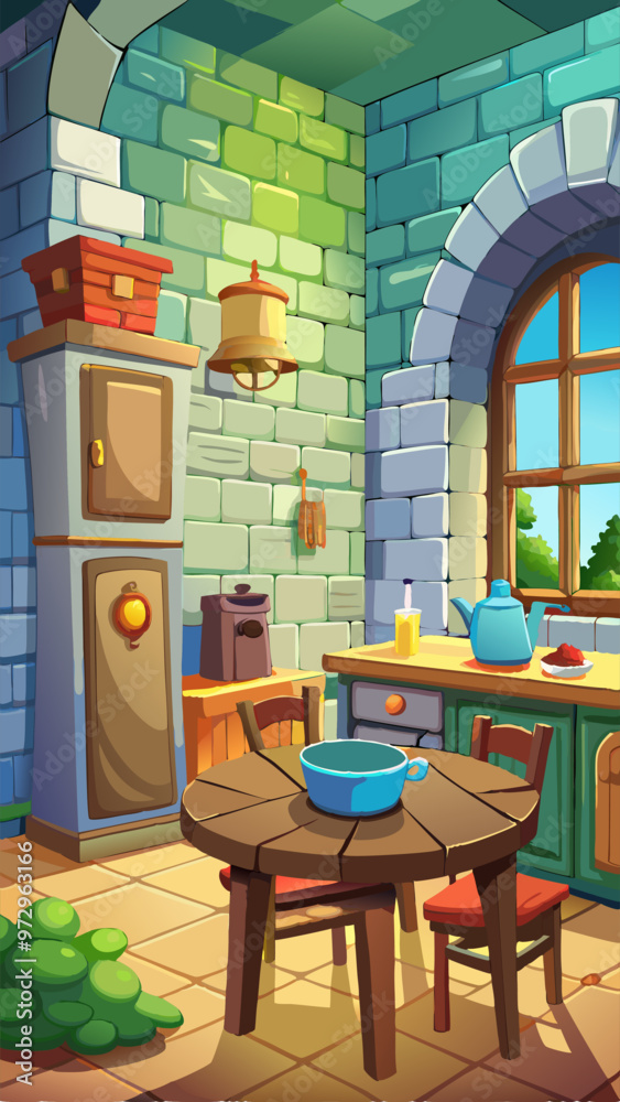 Castle kitchen interior with dining table cartoon illustration. Fridge ...