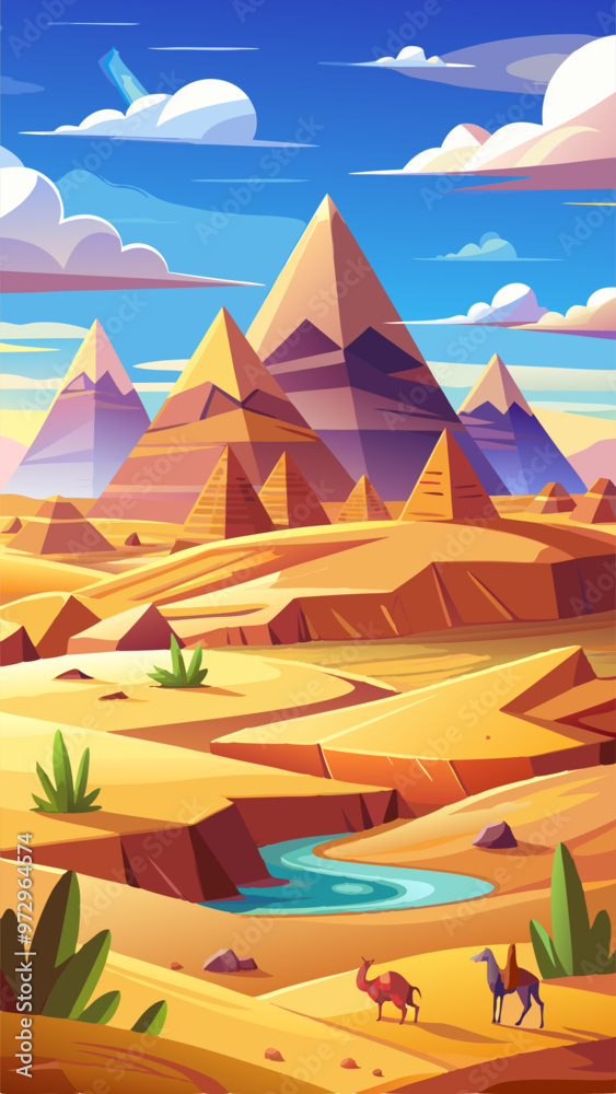 Desert landscape with Egyptian pyramids and camels on sand dunes ...