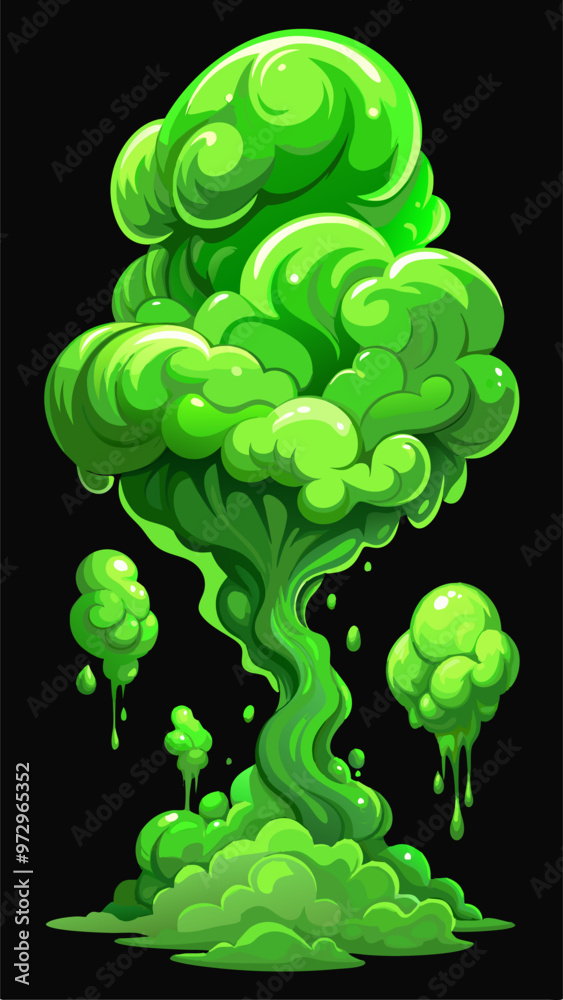 Set of green smoke clouds isolated on black background. Realistic ...