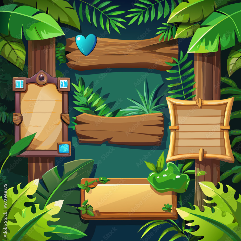 Wooden and old paper frames and boards, buttons and arrows with jungle ...