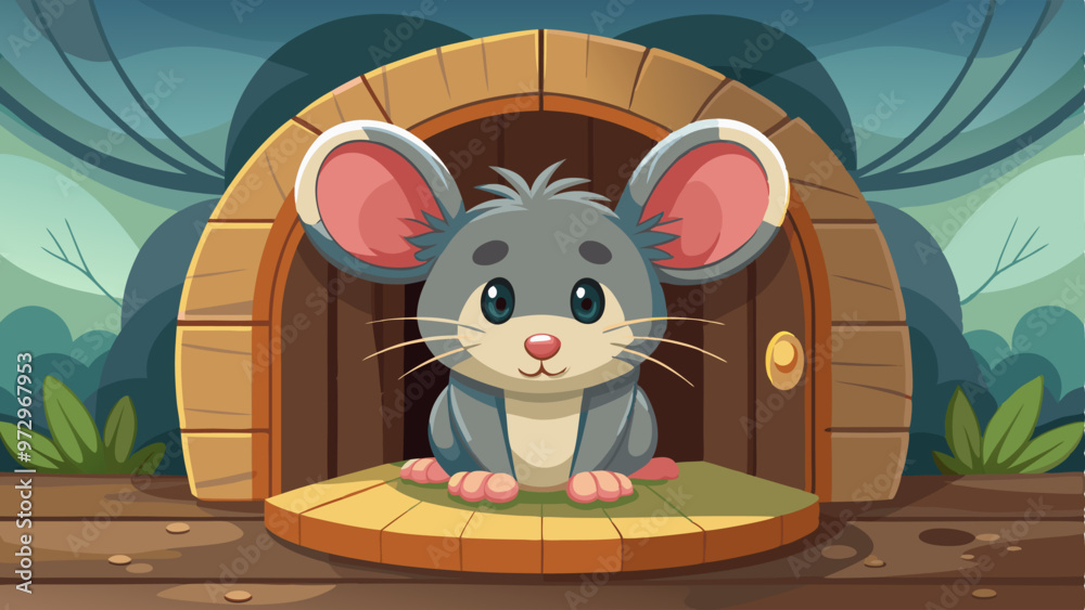 Cute little furry mouse carefully looking out of tiny house in ...