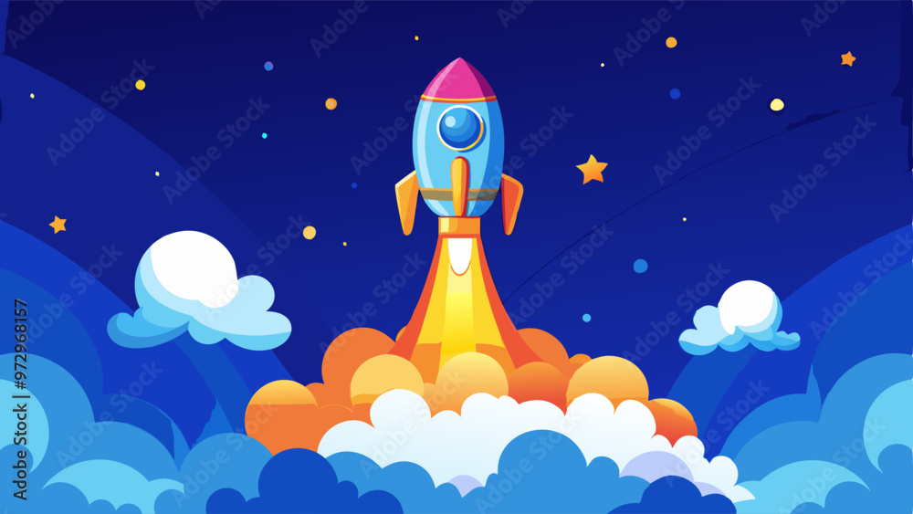 Launched rocket flying in dark blue sky with comic cloud path. Cartoon ...