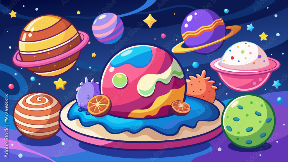 Sweet dessert planets set isolated on background. Vector cartoon ...