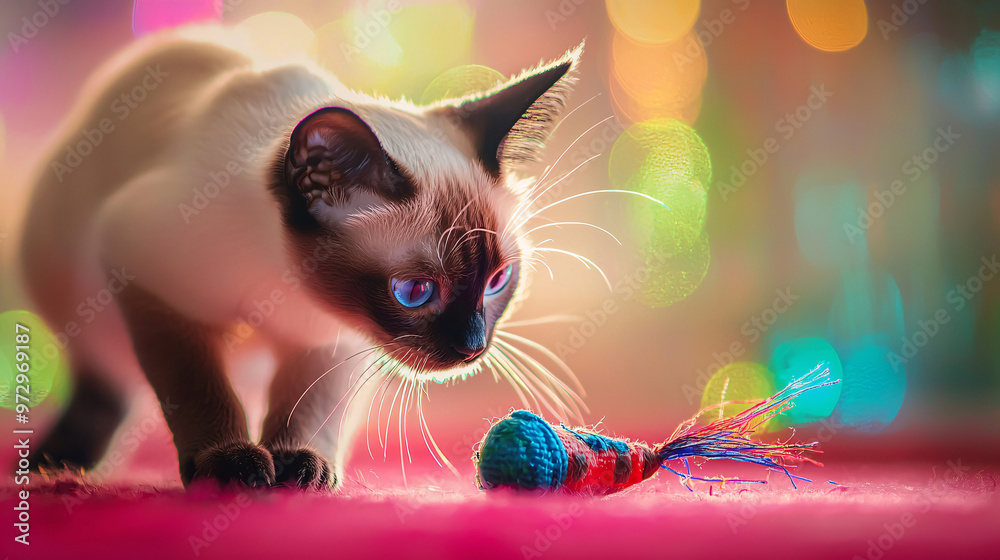 Siamese cat playing with a toy, captured from an eye-level view with a ...