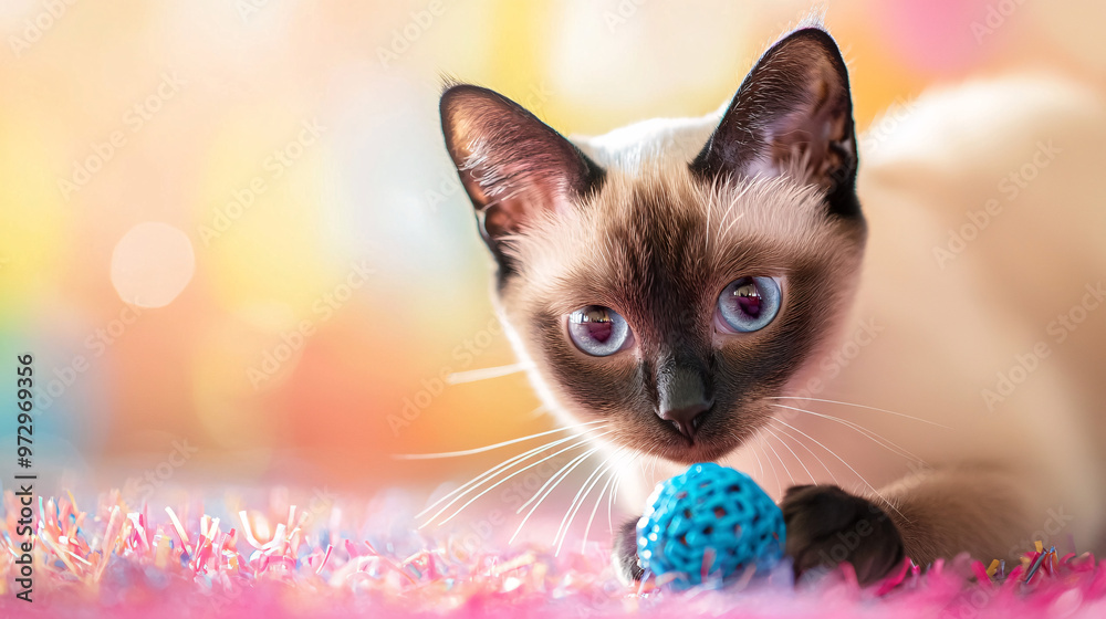 Siamese cat playing with a toy, captured from an eye-level view with a ...