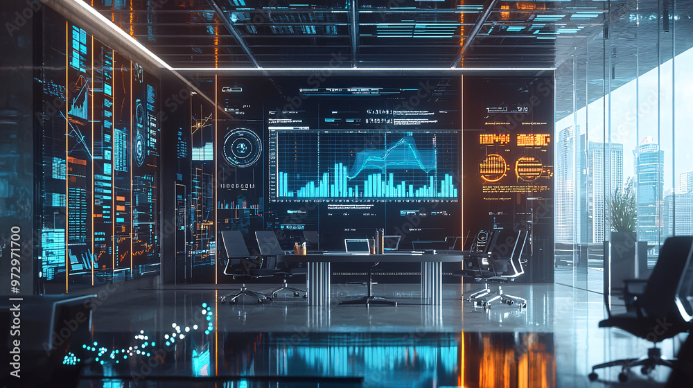 3D visualization of a financial forecasting session with dynamic charts ...