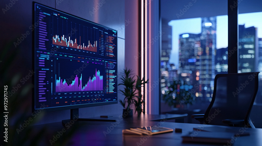 3D visualization of a financial forecasting session with dynamic charts ...