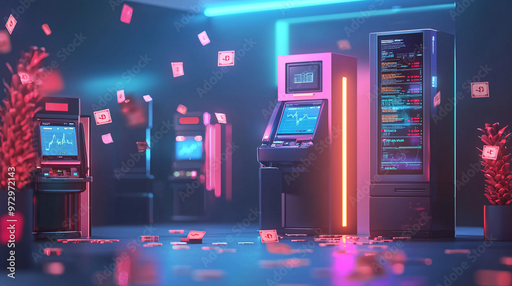 3D representation of a virtual bank branch with digital cash machines ...