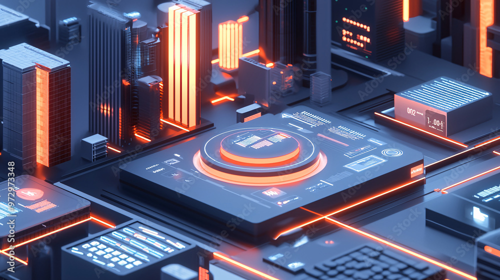 3D model of a digital financial hub with animated cash flows ...