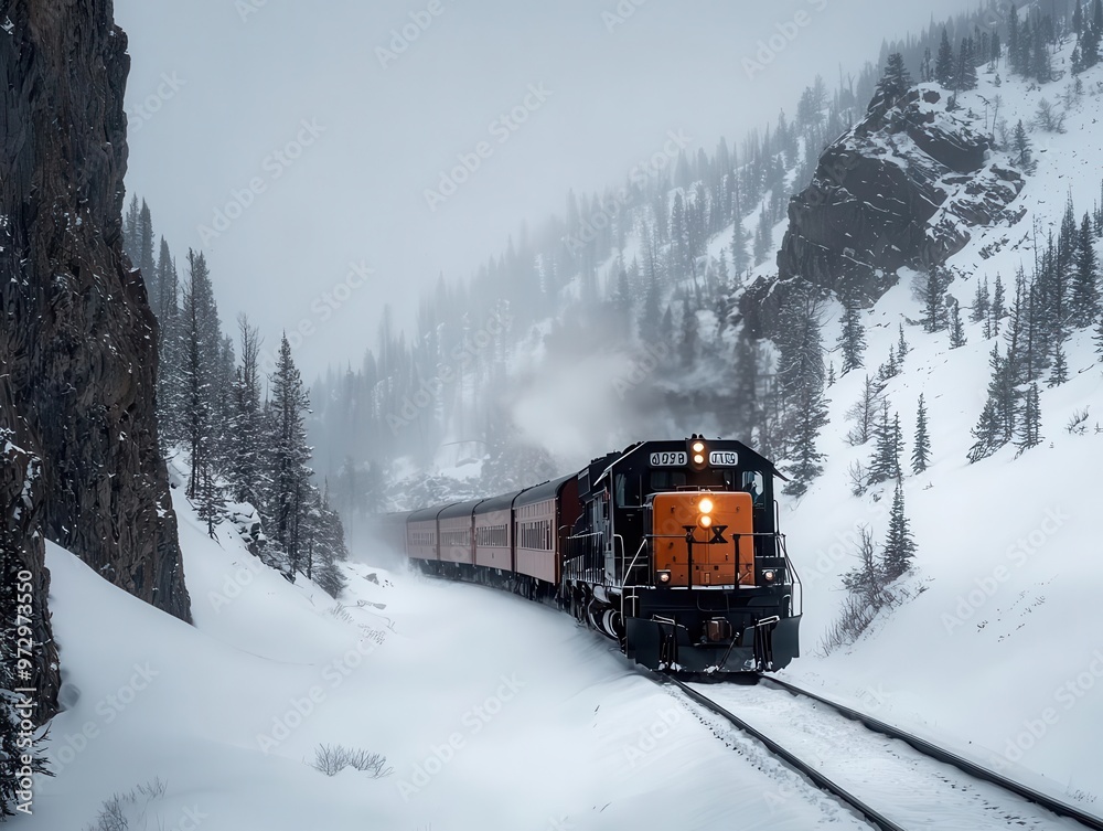 Train plunging through a snow-filled gorge, towering rock walls on ...