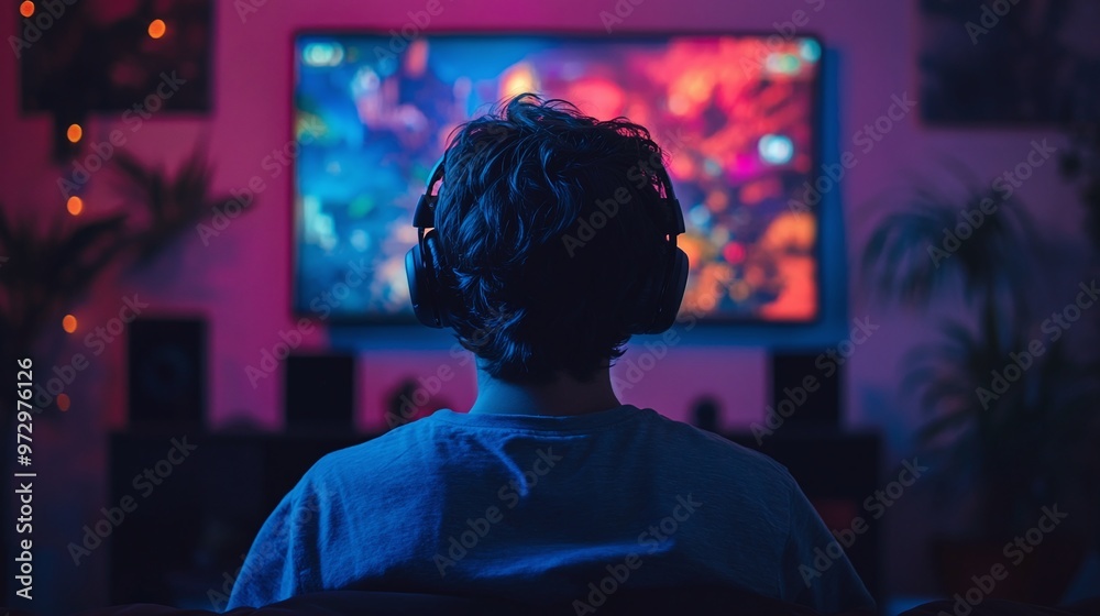 person playing video games from behind, immersed in virtual ...