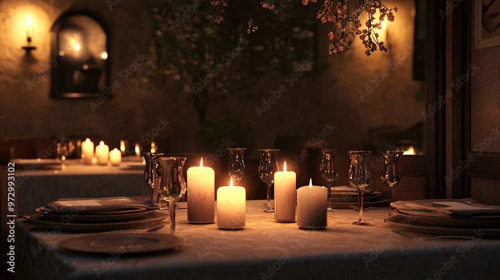 Realistic depiction of a cozy dinner setup with multiple candles in ...