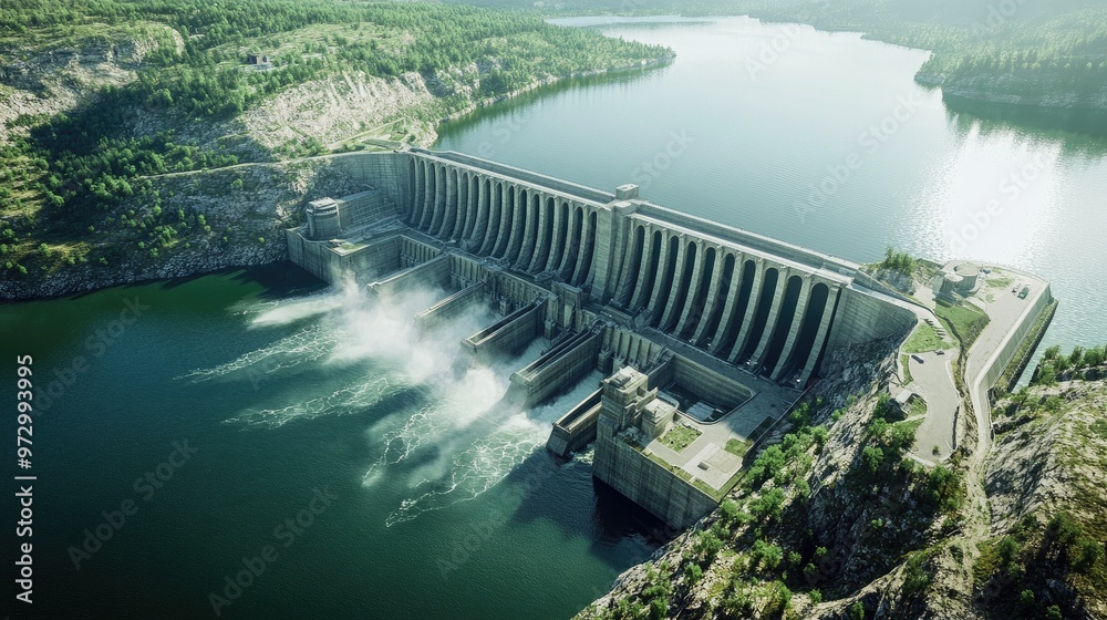 An aerial view of a dam creating a large reservoir with surrounding ...