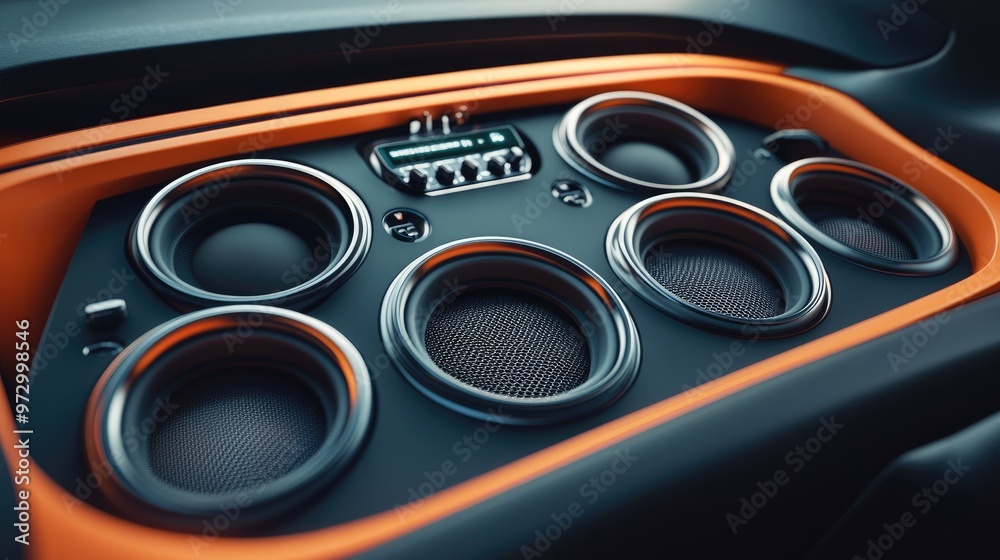 An image of a car audio system with removable speaker covers, showing ...