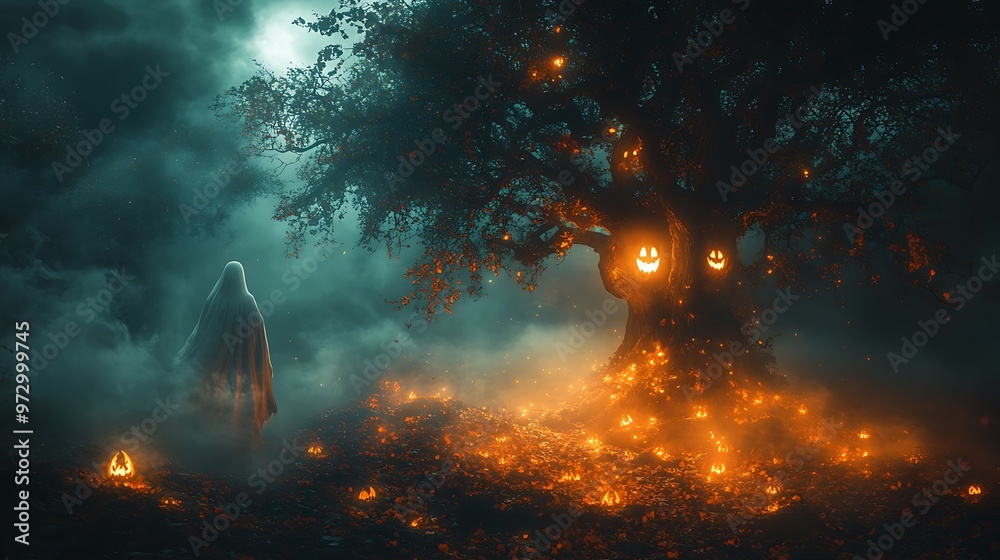 24. A spooky tree with twisted branches and hanging ghost decorations ...