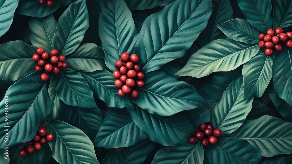 Abstract coffee plant design with richly textured leaves and berries ...