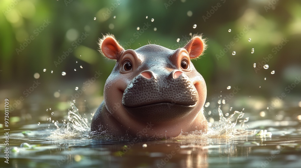 Chubby baby hippo joyfully splashing in shallow water, its tiny ears ...
