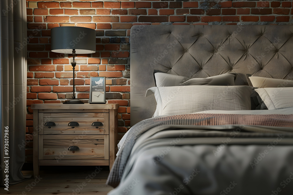 Wooden drawer nightstand near bed with grey fabric headboard. Loft interior design of modern ...