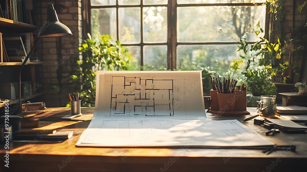 Drafting table with open house plans and precise drawing instruments ...