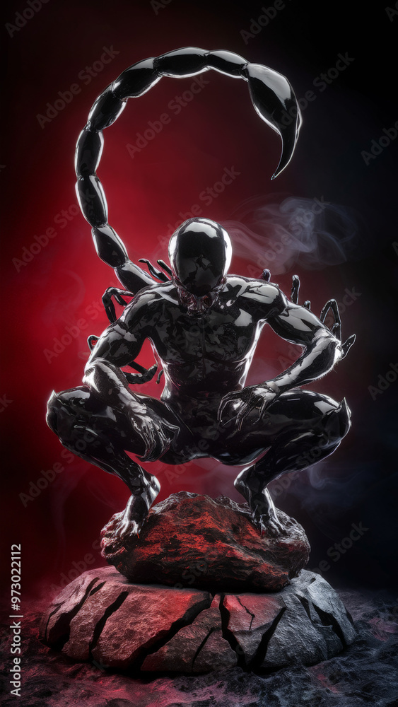 Full-Body Sculpture of a Crouching Scorpion Man on a Cracked Lava Rock ...