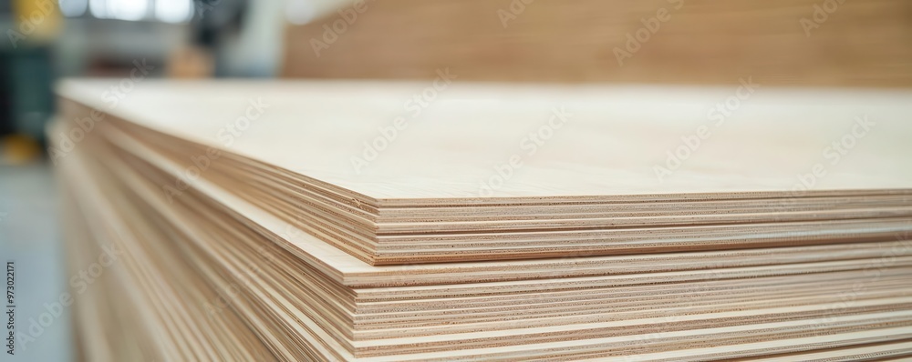 Plywood sheets being glued and bonded under high pressure, part of the ...
